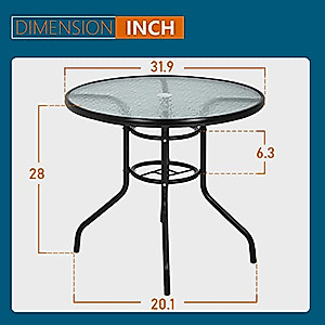 32" Patio Dining Table Round Bistro Table Outdoor Furniture Garden Table Patio Coffee with Tempered Glass Top Patio Glass Side Table for Backyard Lawn Balcony Pool, Black