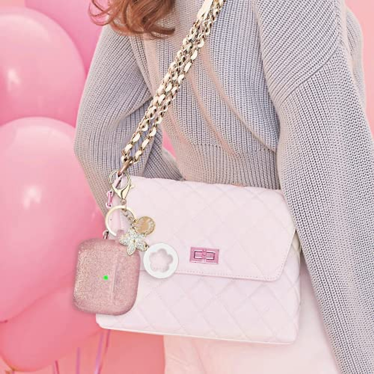 Bling AirPods Pro Case 1st Gen-VISOOM Silicone Cute Cover Women for Apple iPod Pro Charging Case Protective Air Pod Pro case Glitter Earpods Case with Keychain Rose Gold