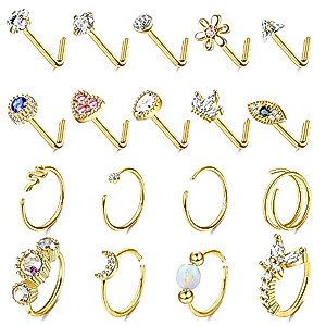 JOERICA 18 Pcs 20G Nose Rings Studs 316L Stainless Steel Nose Rings Hoop for Women Cute Evil Eye Heart Butterfly Opal CZ Nose Piercing Jewelry L Shaped Nose Ring Stud Set