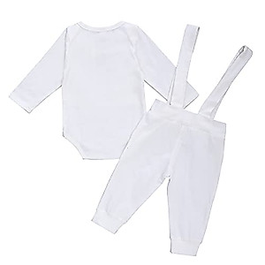 Baby Boys Baptism Christening Outfit Bowtie Romper Suspenders Pants Gentleman Formal Wedding Party Tuxedo Suit Ring Bearer Clothes Set for Birthday Cake Smash Photo White - Long Sleeve 6-12 Months
