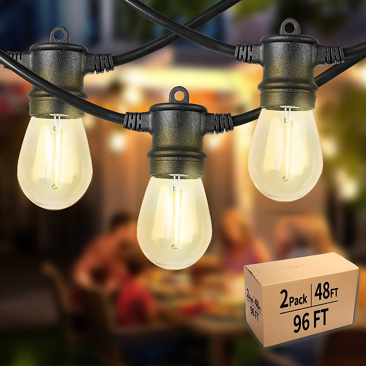 Joursdela 96ft 2-Pack LED Outdoor String Lights LED Single Filament Edison Bulbs Commercial Grade Heavy Duty Light with Shatterproof LED for Patio Backyard