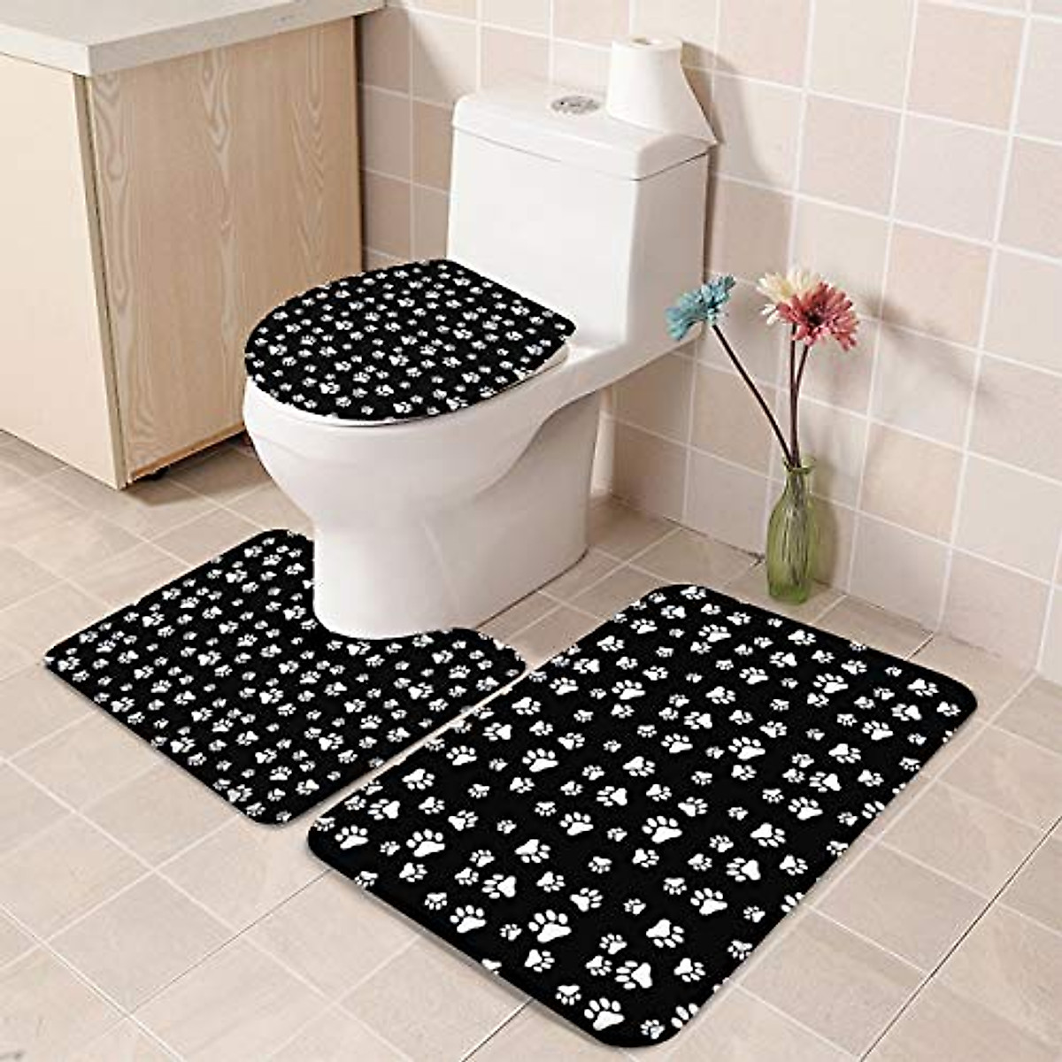3 Pieces Bath Rugs Sets Cute Cat and Dog Footprint Paws Soft Non-Slip Absorbent Toilet Seat Cover U-Shaped Toilet Mat for Bathroom Decor Black and White