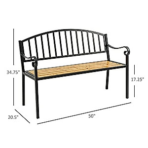 Outsunny 50" Garden Bench, Patio Loveseat with Antique Backrest, Wood Seat and Steel Frame for Backyard or Porch