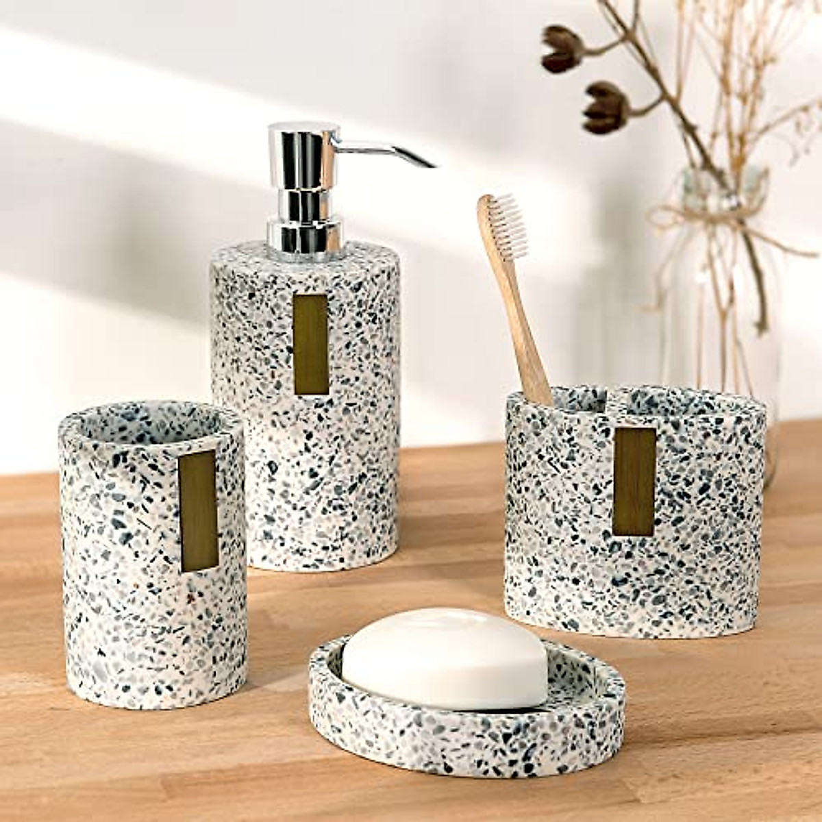 Allure Home Creation Lerrazzo 4-Piece Resin with Bamboo Bathroom Accessory Set in Grey/Natural Terrazzo Look Finish