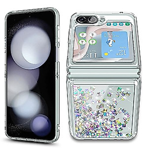 NGB Supremacy Compatible with Samsung Galaxy Z Flip 5 Case (5G 2023) with Ring Holder/Wrist Strap, Liquid Sparkle Floating Glitter Cute Girls Women Protective Case (Crystal Gem)