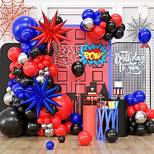 Blue Red Black Balloons Garland Arch Kit, Spider Balloons Arch Kit with Metallic Silver Balloon Star mylar balloons for Boys Kid Spider Theme Birthday Baby Shower Man Superhero Party Decortions