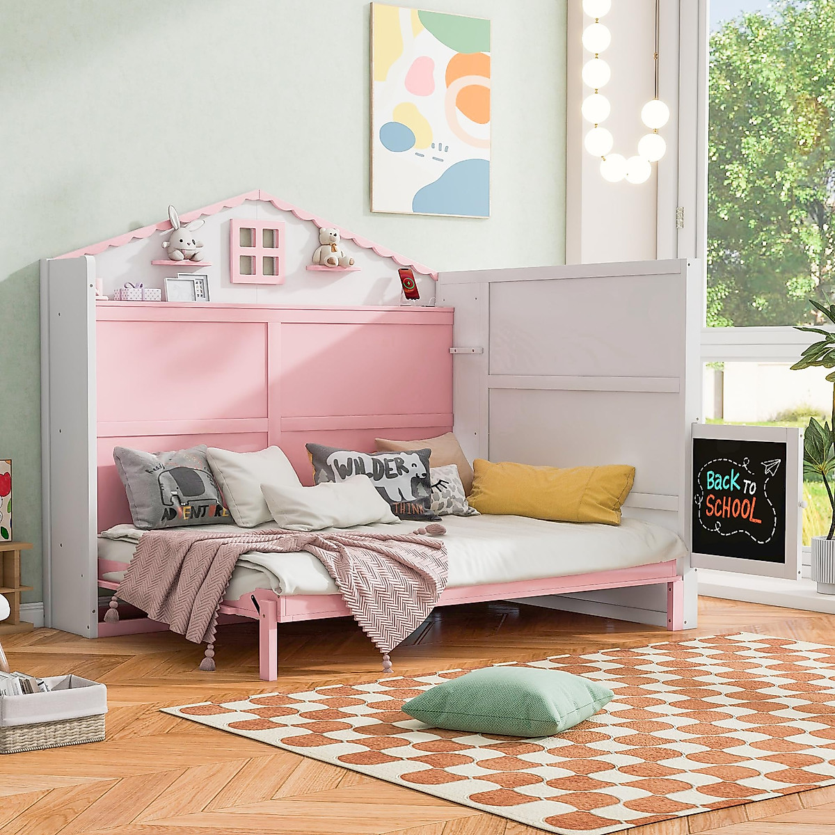 SOFTSEA Full Size Murphy Bed, Wooden House Folding Bed Frame with USB Posts, Storage Shelves and Blackboard, Wall Bed Frame with Window Design for Boys and Girls Bedroom, Pink