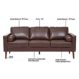 Pabby Yard PU Leather Sectional Sofa 3 Seat Comfy Couches Soft Cushion Sofa with Wooden Legs and 2 Pillows, Mid-Century Modern Sofa Classic Small Spaces Couches Living Room Furniture, Brown