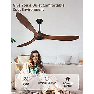 BECLOG Ceiling Fan With Remote Control,Indoor/Outdoor Ceiling Fans with Noiseless DC Motor and 3 Downrods.60 inches Ceiling Fans No Lights Plastic Fan Blade Walnut Look