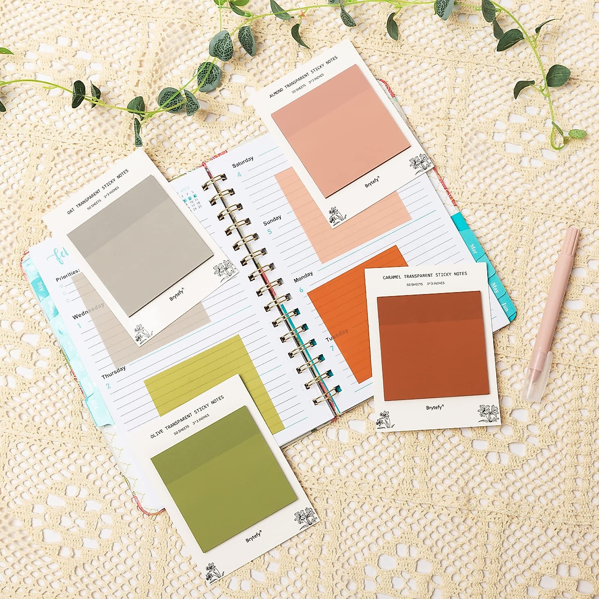 Earth Tone Transparent Sticky Notes, Set of 4 Pads 3''x3” Clear Sticky Tabs, Translucent Page Flags, Planner Accessories, Bible Journaling Study Office School Supplies (Earth Tone)