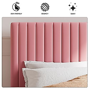 SHA CERLIN Full Size Upholstered Platform Bed Frame with Adjustable Headboard, Vertical Channel Tufted Velvet Fabric, Wooden Slats Support, Mattress Foundation, Box Spring Optional, Pink