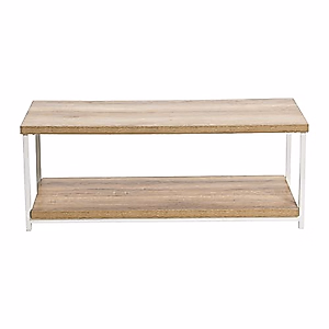 Household Essentials Jamestown Rectangular Coffee Table with Storage Shelf Coastal Oak Rustic Wood Grain and White Metal