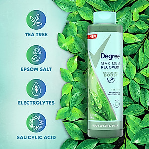 Degree Body Wash and Soak Post-Workout Recovery Skincare Routine Exfoliating Tea Tree + Epsom Salt + Electrolytes Bath and Body Product, 22 Fl Oz (Pack of 4)
