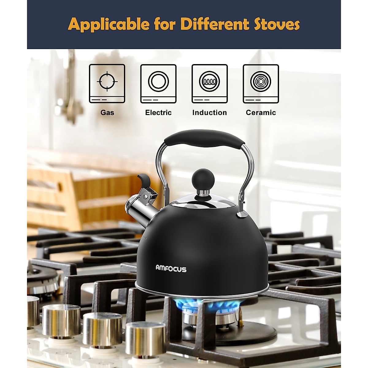 AMFOCUS Tea Kettle, 2 Quart Stainless Steel Whistling Tea Kettle, Stovetop Whistling Teakettle Tea Pots for Stove Top with Ergonomic Folding Handle, Small Teapot, Water boiler for Tea, Coffee (Black)