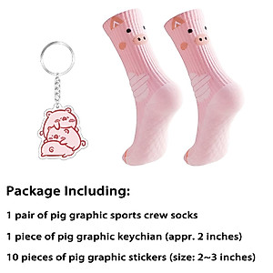 Angelteers Functional Sports Socks Animal Athletic Crew Socks for Women Big Kids (US, Alpha, One Size, Regular, Regular, Pink Cartoon Pig)
