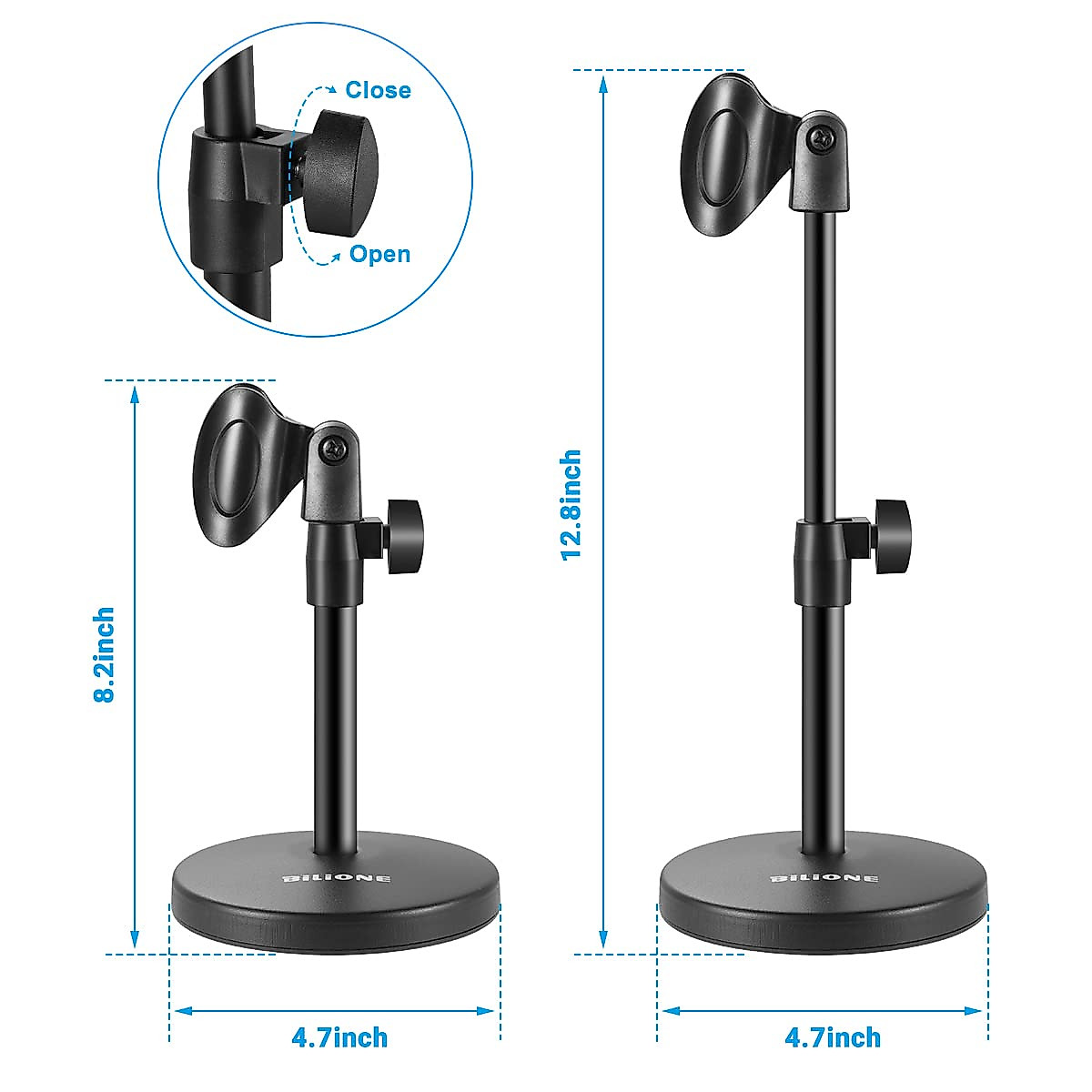 BILIONE 3 in 1 Multi-Function Desktop Microphone Stand, Adjustable Table Mic Stand with Microphone Clip, Cell Phone Clip, 5/8" Male to 3/8" Female Metal Adapter