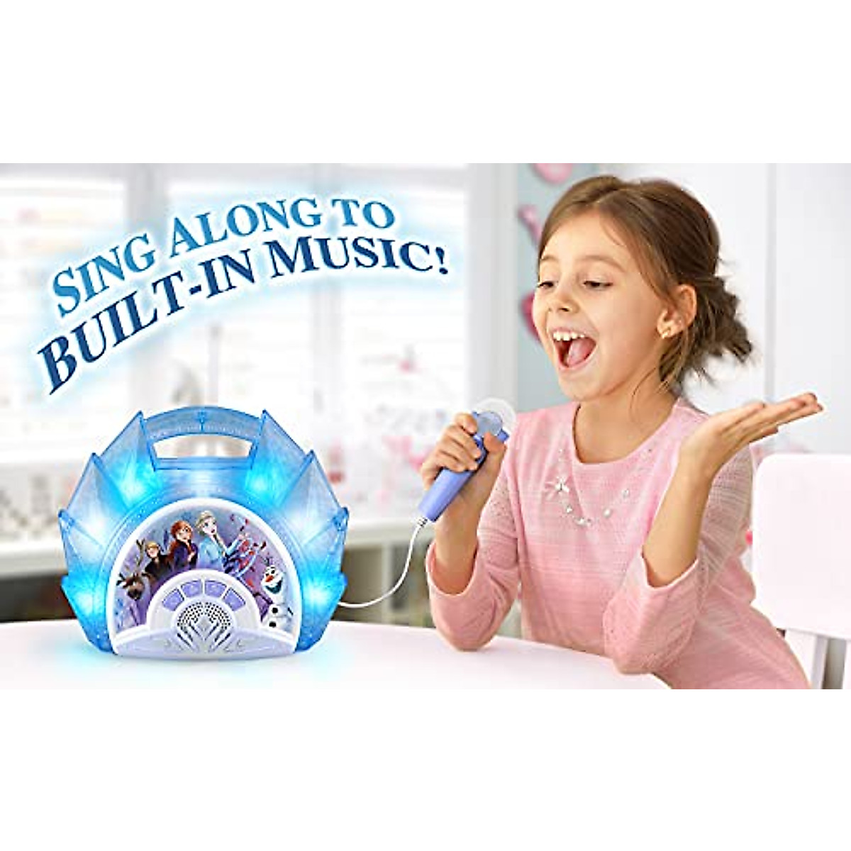 eKids Frozen Sing Along Boom Box Speaker with Microphone for Fans of Frozen Toys for Girls, Kids Karaoke Machine with Built in Music and Flashing Lights , Blue, 3.5mm Audio Jack