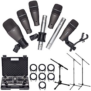 Samson DK707 7-Piece Drum Microphone Kit with 2 Tripod-Base Mic Boom Stands, Low Profile Microphone Stand with Telescoping Boom and 7 Premium XLR Mic Cables