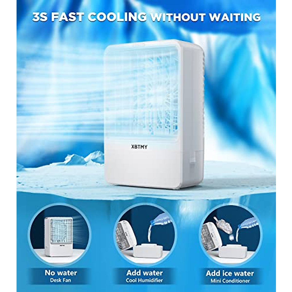 Portable Air Conditioner Quiet Fan with Remote Control, 4000mAh USB Rechargeable Mini AC Evaporative Cooler, Anti-Leak Cooling With 3 Speeds For Home Outdoor