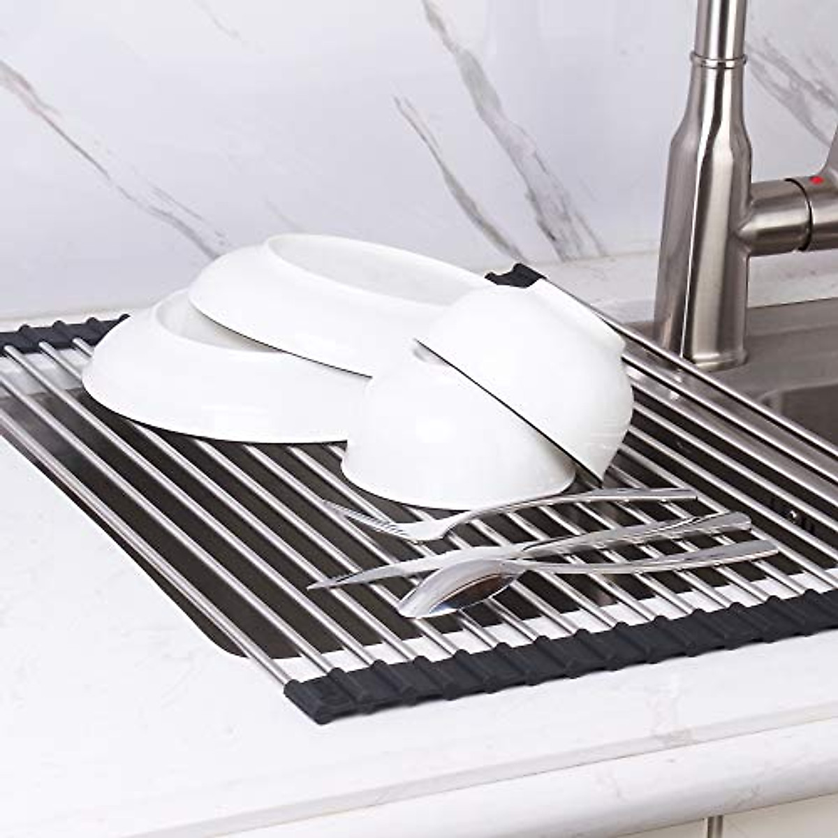 CANWELL 17"x15" Roll Up Dish Drying Rack, Premium 304 Stainless Steel Over Sink Kitchen Drainer Rack with Silicone Rims, Black