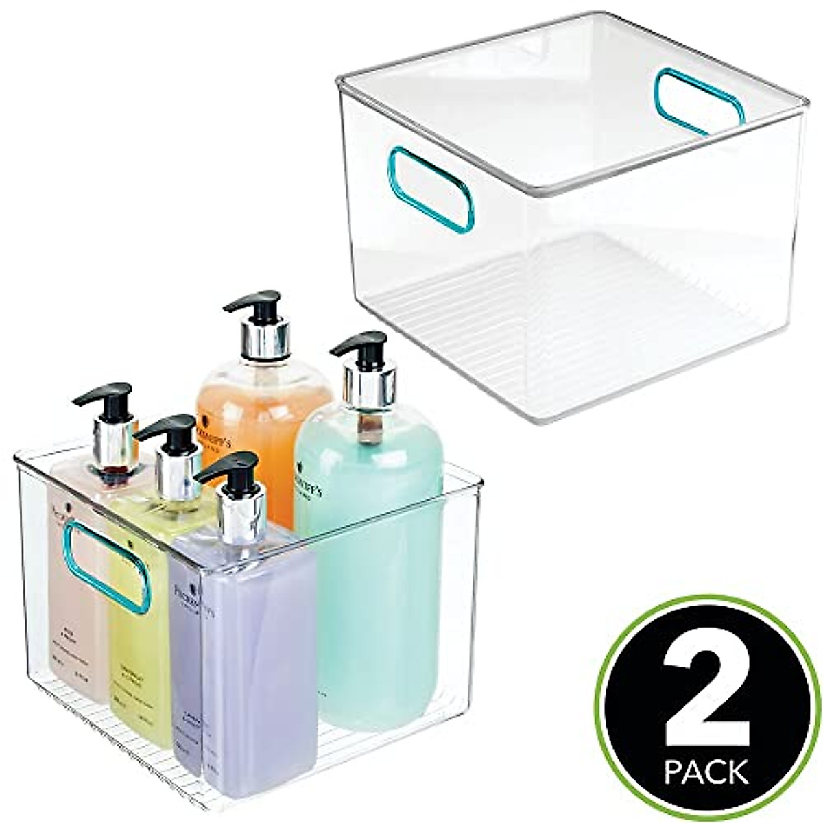 mDesign Plastic Storage Bin with Handles for Organizing Hand Soaps, Body Wash, Shampoos, Lotion, Conditioners, Hand Towels, Hair Accessories, Body Spray, Mouthwash - 8" Square, 2 Pack - Clear/Blue