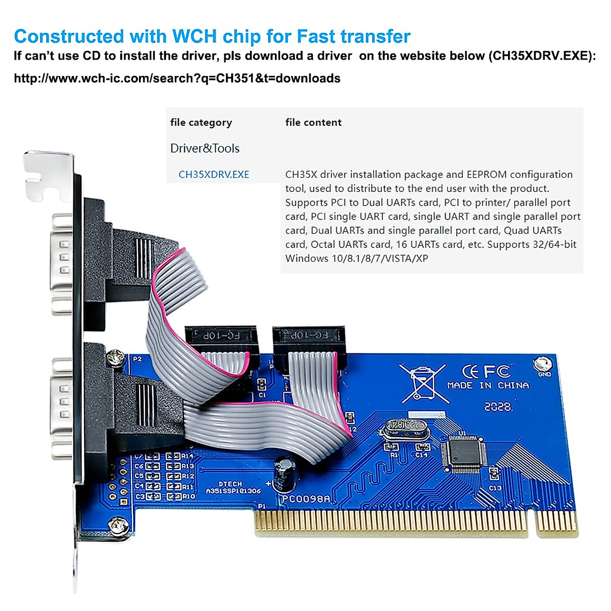 DTECH 2 Port PCI Serial Card PCI to COM Port DB9 RS232 Expansion Adapter for Desktop Computer PC Windows 10 8 7 XP Vista with 16C550 UART