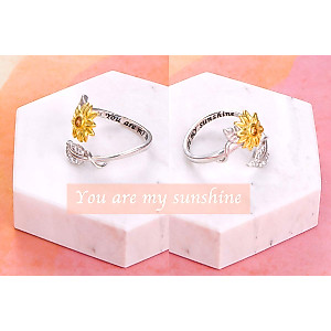 DAOCHONG Sterling Silver You are My Sunshine Sunflower CZ Heart Ring Adjustable Size 5-9 (7)