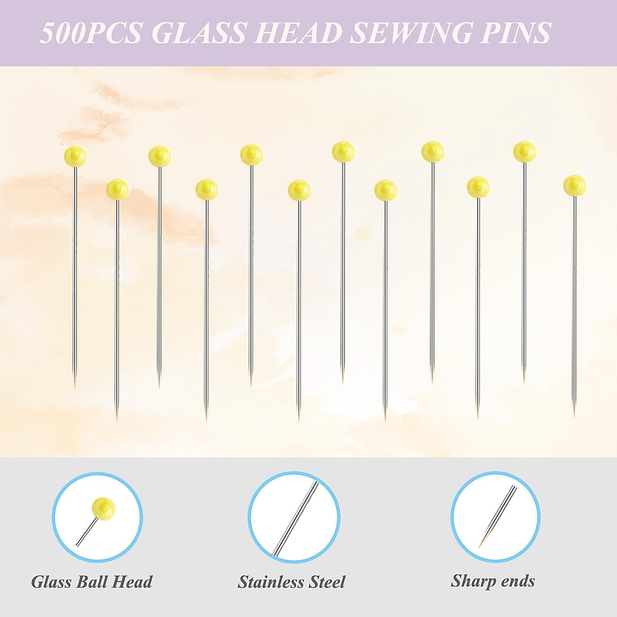 Sunenlyst 500 PCS Straight Pins, 1.75IN Quilting Pins Long Yellow Glass Ball Head Sewing Pins for Fabric, Stainless Steel Dressmaker for Sewing, Crafts, Jewelry Making, DIY