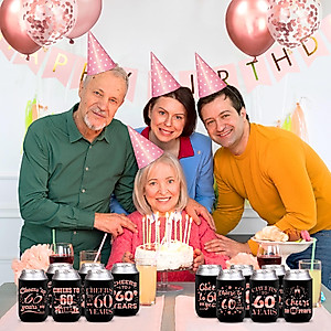 12Pcs Can Cooler Sleeves - Rose Gold 60th Birthday Decorations for Women - Beverage Can Cooler Sleeves for Cheers to 60 Years Old Party Supplies Gift
