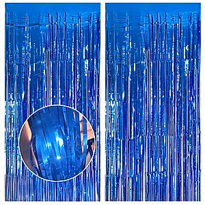 2 Pack Blue Foil Fringe Backdrop Curtains, 3.2x8.2ft Streamer Backdrops Curtains for Birthday Decorations, Baby Shower, Graduation, Halloween, Ocean Party
