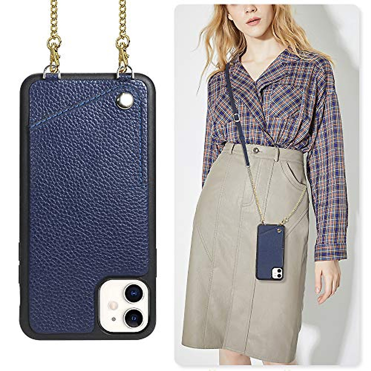 iPhone 12 Wallet Case, 6.1 inch, iPhone 12 Pro Wallet Case, JLFCH Crossbody Case with Credit Card Holder Lanyard Purse Women/Girly Protective for Apple iPhone 12 Pro (2020), 6.1 inch - Dark Blue