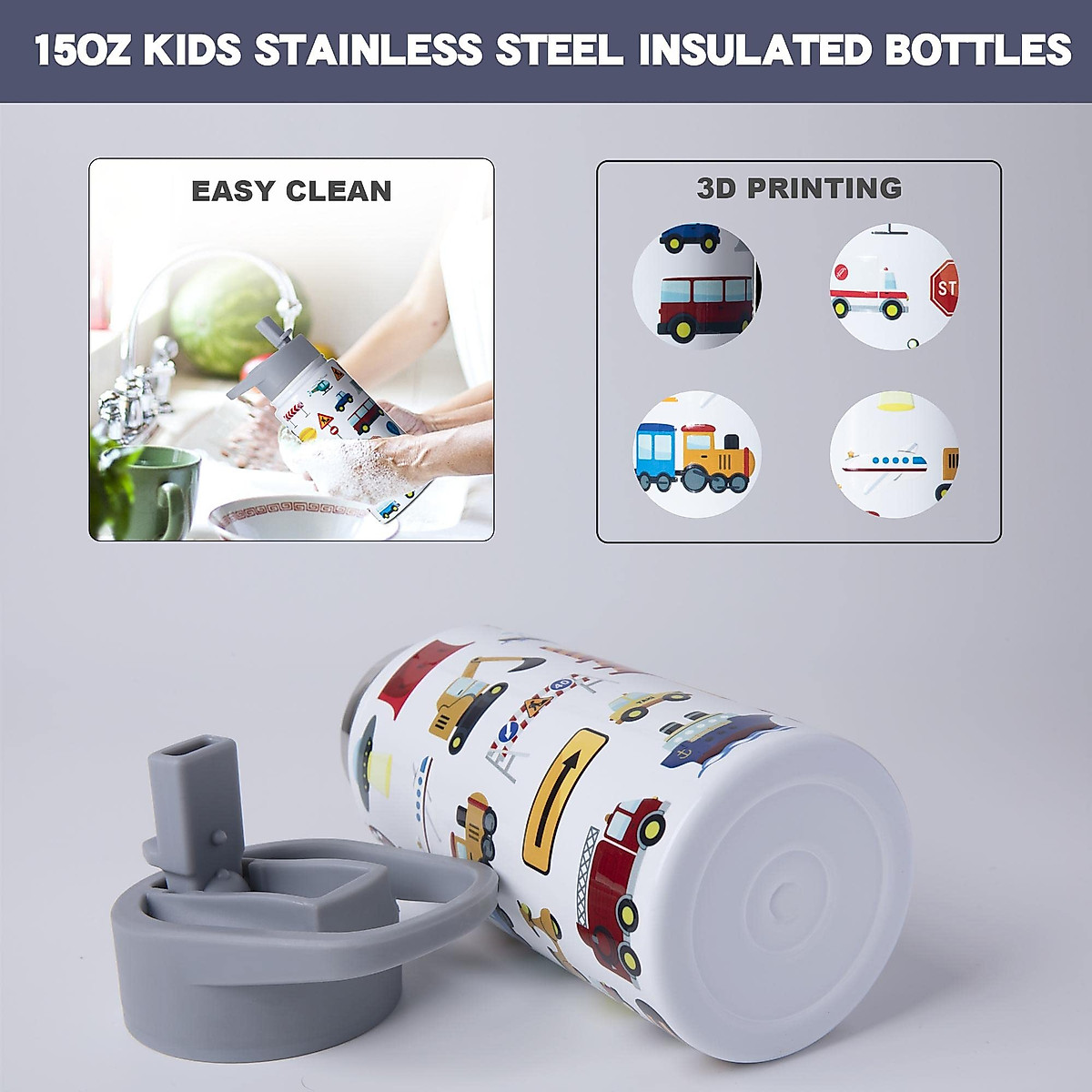 Boelia 15 oz Car Water Bottle Kids For School Preschool Car Bus Insulated Cups Birthday Gifts For Boys Stainless Steel Water Bottles Christmas Gifts For Son Daughter