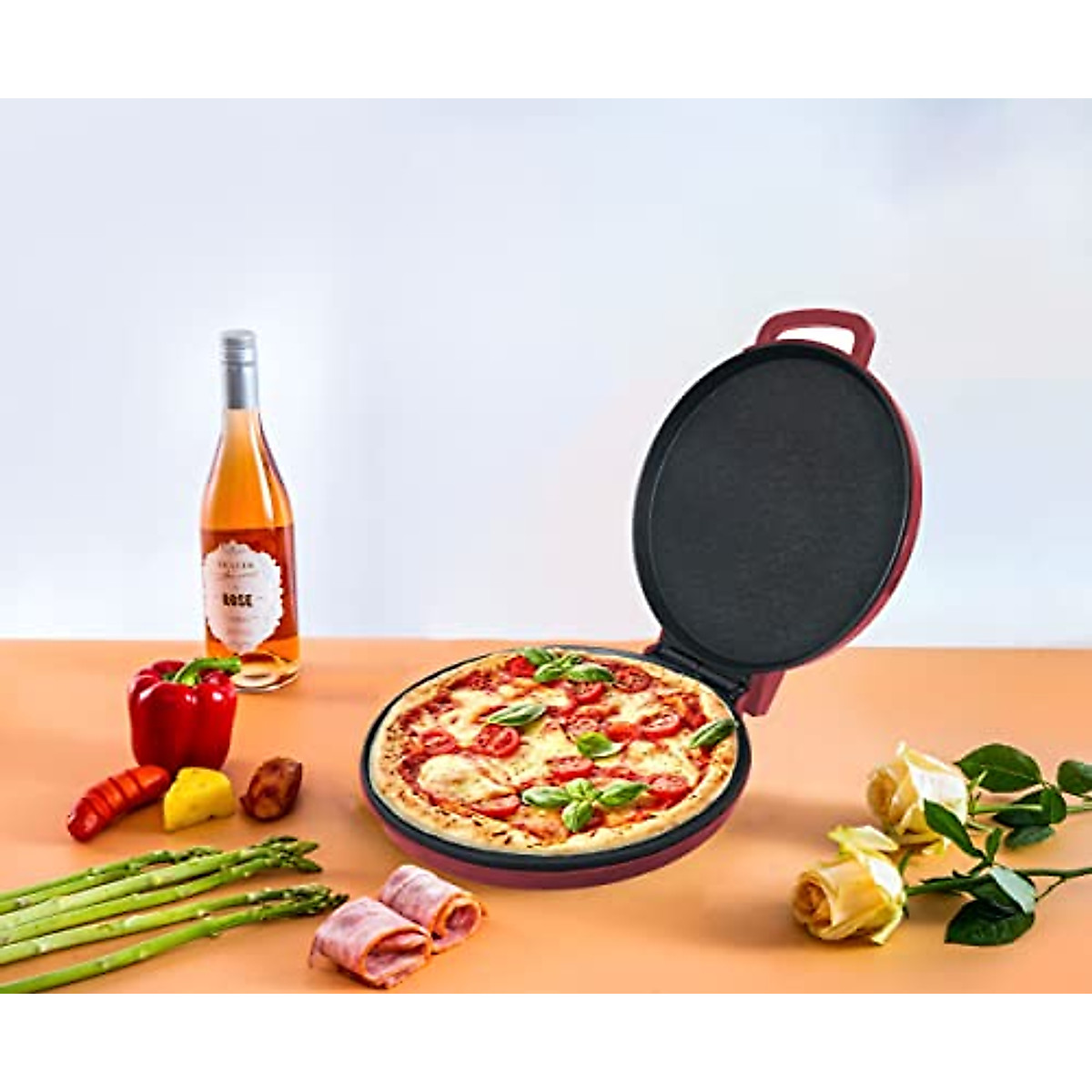 Courant Pizza Maker 12 inch Pizzas Machine, Newly improved Cool-touch Handle Non-Stick plates Pizza oven & Calzone Maker, Electric Countertop Oven for Home or School, 12” Indoor Grill/Griddle, Red