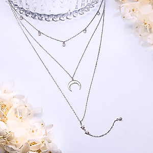 DAOCHONG Triple Layered Pendant Necklace 925 Sterling Silver Moon Star 3 Layered Choker Necklace Long Chain Necklace for Women