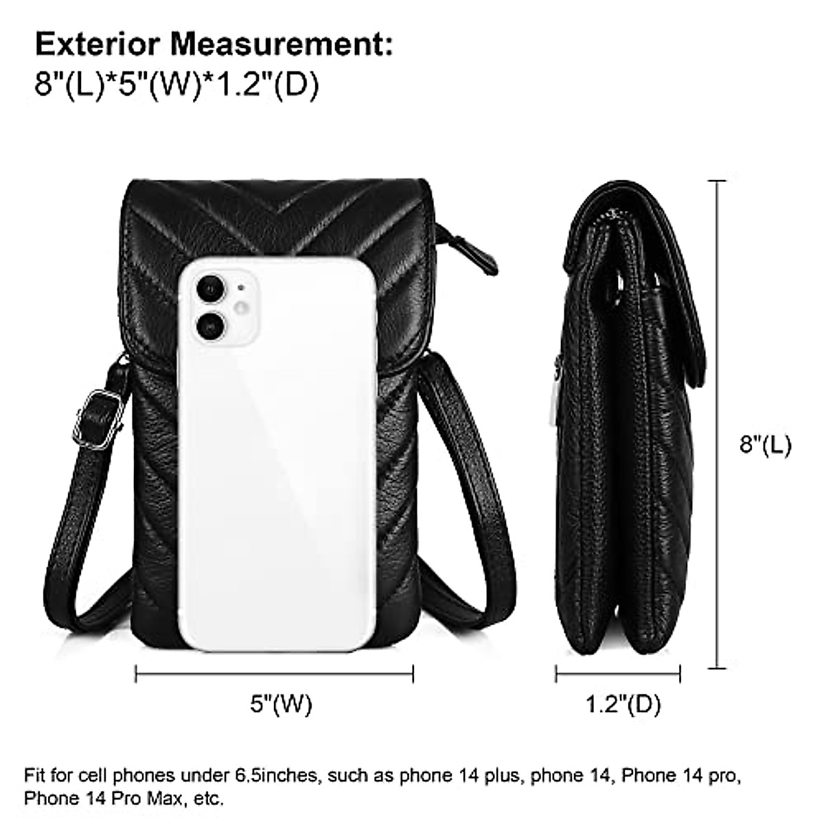 belfen Crossbody Bags for Women, Small Leather Cross body Cell Phone Wallet Purse with Adjustable Strap-Chevron Quilted Black