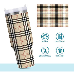 Tartan Plaid Khaki Black 40 oz Tumbler with Handle and Straw Lid, Insulated Coffee Cup Reusable Stainless Steel Water Bottle Travel Mug Cupholder Friendly,Gifts for Women Men