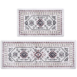 ASPMIZ Farmhouse Kitchen Mats for Floor 2 Piece, Vintage Non Slip Kitchen Rugs Washable, Anti Fatigue Kitchen Mat Set of 2 Waterproof, Comfort Standing Mat Runner, 18'' x 48'' + 18'' x 30'', Red