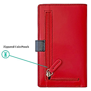 123 Cheap Checks Personalized RFID Leather Womens Wallet With Credit Card Holders, Snap Closure, Medium Size - Red/Black