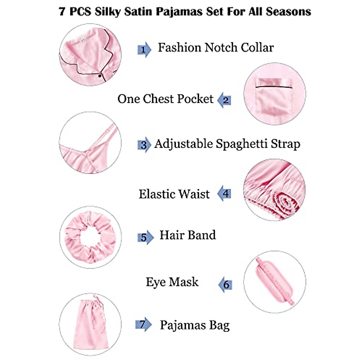 SWOMOG Womens Silk Satin Pajamas Sets 7pcs Sleepwear Sexy Cami Shorts Set and Button Down Short Sleeve Pj Loungewear Pink