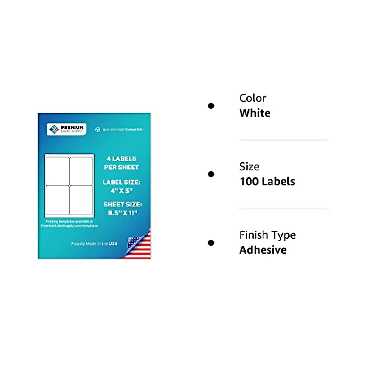 Premium Label Supply White Sticker Shipping Labels – 4" x 5" – Laser/Inkjet Compatible – (4 Labels/Sheet), 25 Sheets - 100 Total Adhesive Labels