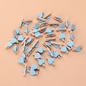 NUOBESTY 50pcs Mini Wooden Clips Clothespins Crafts Clips with Hearts for Wedding Party Valentines Day Decoration Blue