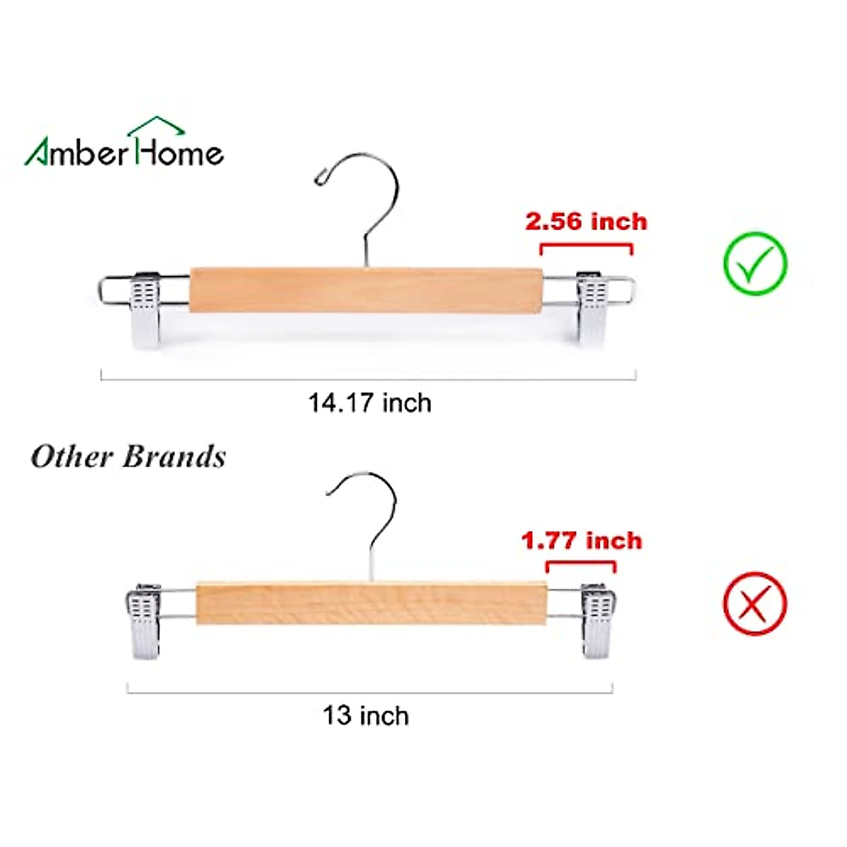 Amber Home 14.17" Solid Natural Wooden Pant Skirt Hangers 24 Pack, Bottom Hangers for Slacks Trousers Jeans with 2-Adjustable Anti-Rust Clips (Natural, 24 Pack)