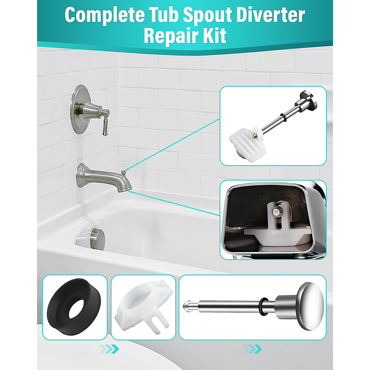 Tub Spout Diverter Repair Kit(2Sets) - Leak Prevention Design with Metal Stem & Rubber Seals, 3-Step Installation for Shower/Bathtub Switching,Bathtub Leaky Faucet Repair Replacement Parts (2)