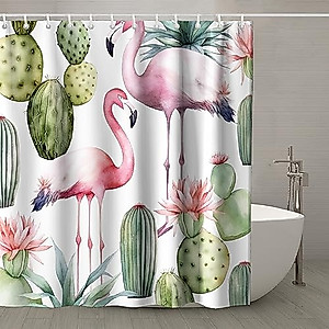 TheBlackSpot Tropical Cactus Flamingo Shower Curtain Sets Succulent Pink Flowers Plant Green Leaf Bath Curtains Christmas Decor Sets Grommet with Hooks 72W × 72H inches