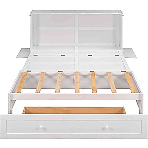 DNYN Queen Size Mobile Murphy Bed with Storage Drawer, Wood Bedframe w/Little Shelves on Each Side, Can Convert to Cabinet for Guest Room Home Office, White