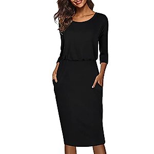 Moyabo Church Dresses for Women 3/4 Sleeve Round Neck Elastic Wasit Causal Dresses with Pockets Black Large
