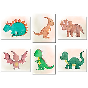 Dinosaur Watercolor Prints - Cute Wall Art for Kids, Boys or Girls Bedroom, Dinosaur Poster Set for Playroom or Nursery, Fun Dino Art for Children's Room - Unframed Set of 6 (8x10")