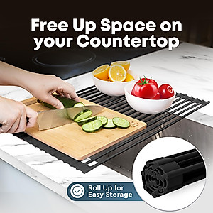 Zulay 20.5" x 13" Roll Up Drying Rack - Silicone-Coated Stainless Steel Over Sink Dish Drying Rack - Multipurpose Foldable Sink Rack for Kitchen Counter - Non-Slip, Heavy-Duty Drying Rack (Black)