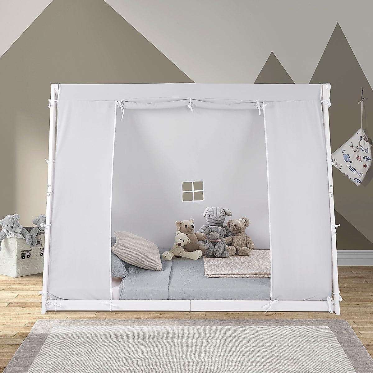 P'Kolino New Tent Twin Floor Bed - Natural or White Frame, Grey Tent, Children’s Bedroom Furniture … (White Frame)