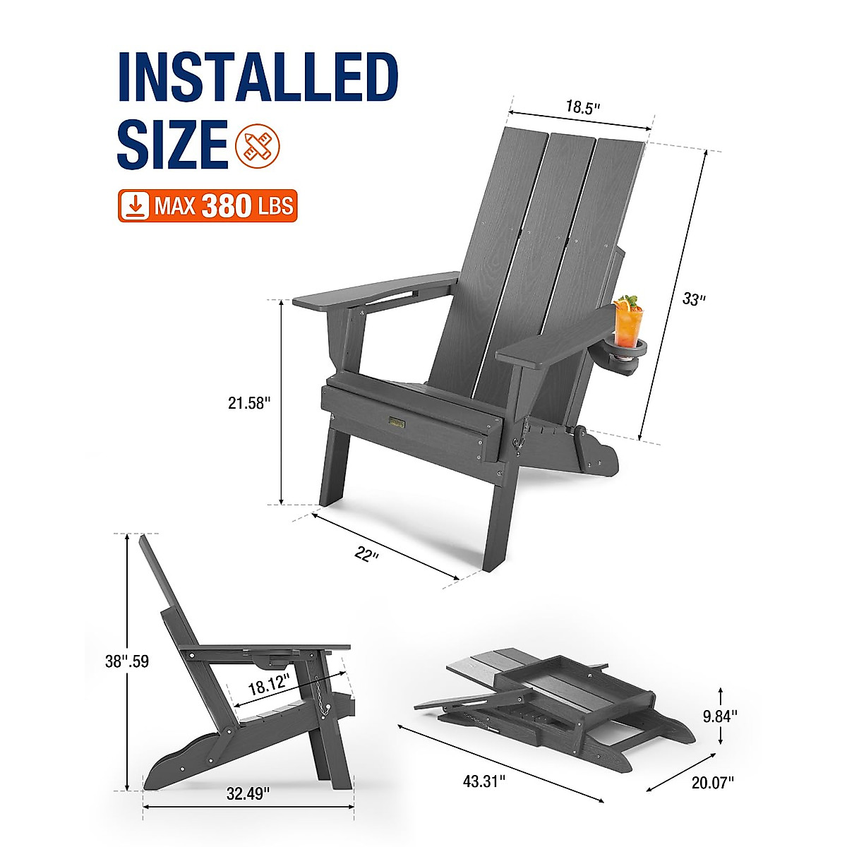 POWERWOOD Modern Adirondack Chair, Oversized HDPE Folding Adirondack Chairs Wood Texture, Higher Back All Weather Plastic Adirondack Chair Set with Cup Holder, Fire Pit Chairs for Outdoor Patio (Grey)